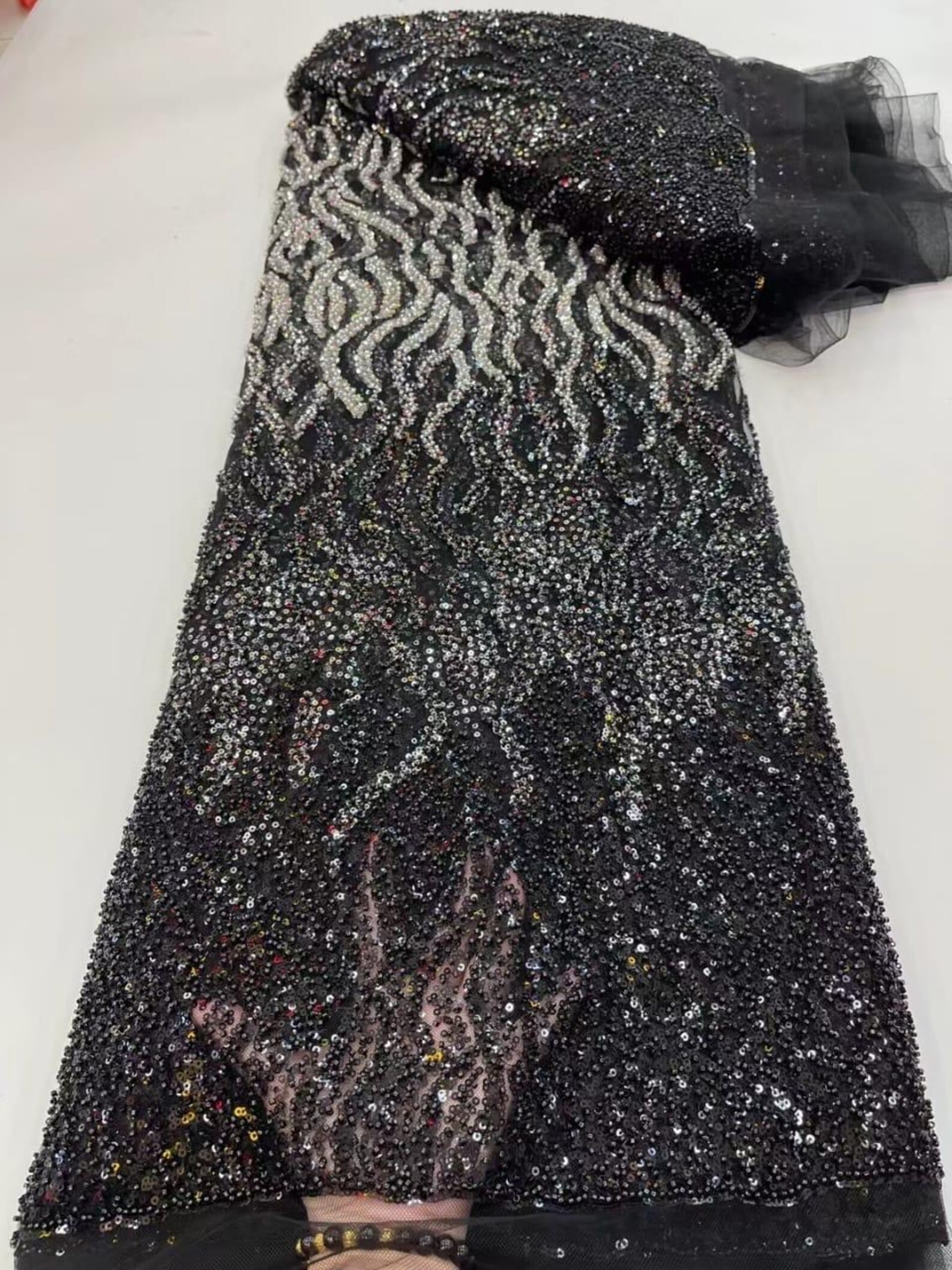 Black Beaded Sequin Lace Fabric, Floral Embroidered Mesh Tulle, Dress ...