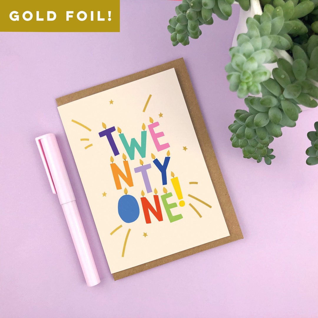 GOLD FOILED 'TWENTYONE!' Letter Candles A6 21st Birthday Greetings Card ...