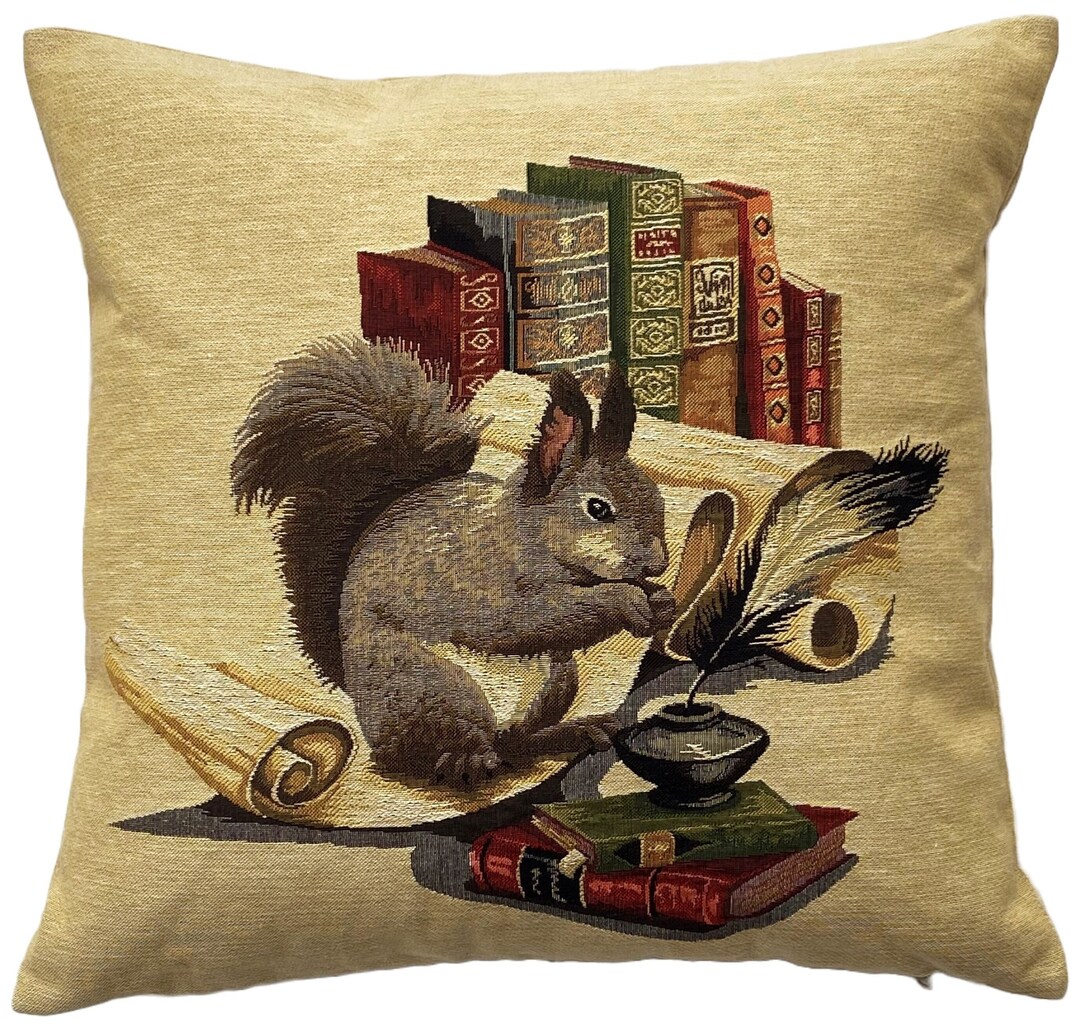 Squirrel With Books BELGIAN JACQUARD WOVEN Hand Finished Fauve Fine ...