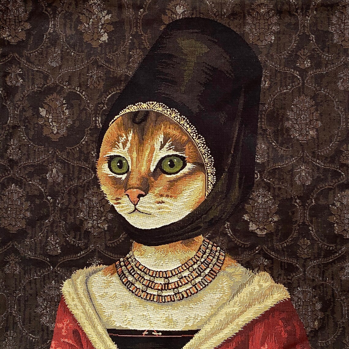 Medieval Anthropomorphic Cat With Hat, BELGIAN Belgium Jacquard WOVEN ...