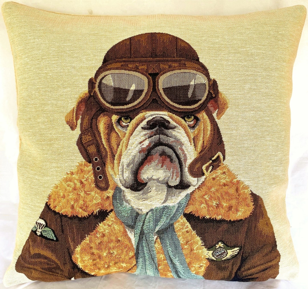 Aviator Anthropomorphic Pilot Bulldog Dog Flier, BELGIAN Jacquard WOVEN ...