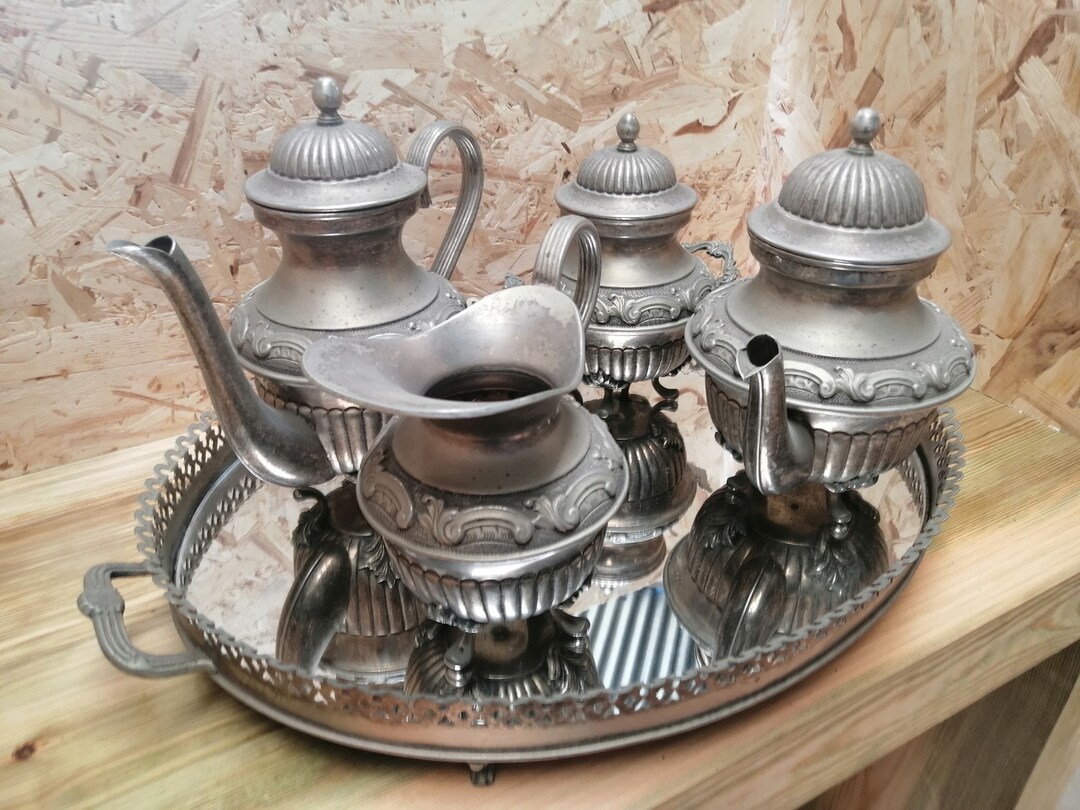 Vintage 70s Victorian Tin Silver Plated Coffee Tea Set 4 Teapots With ...