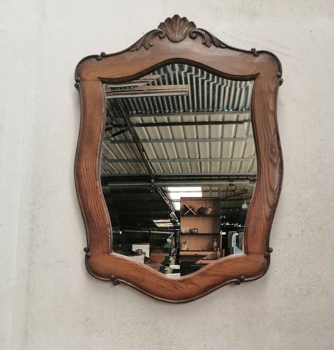 VINTAGE Portuguese Wall Wood Mirror HAND Carved 1960s Bevelled Glass ...