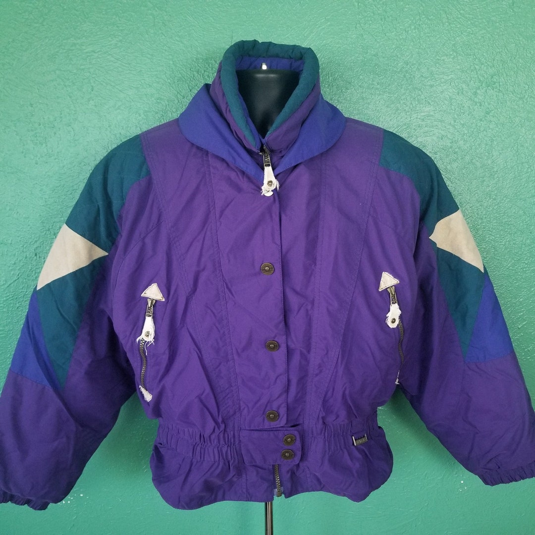 Vintage 80s Purple Ski Jacket Color Block Puffer Insulated Green Coat ...