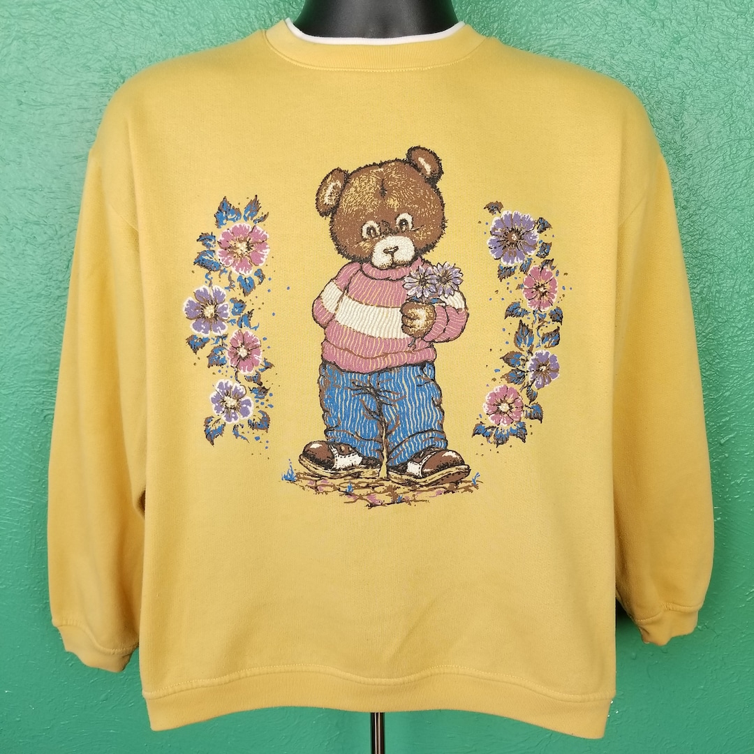 Vintage 80s Teddy Bear With Flowers Cute Pastel Yellow Sweatshirt Size ...