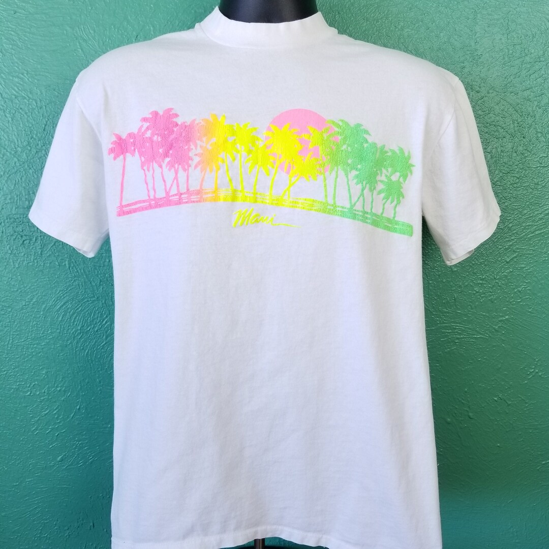 Vintage 80s Maui Hawaii Neon Palm Tree Sunset Vaporwave Outrun White T ...