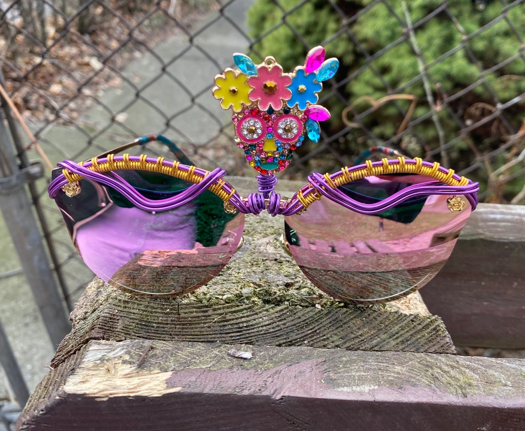 Cute Purple Reflective Festival Glasses Retro Rhinestone Sunglasses ...
