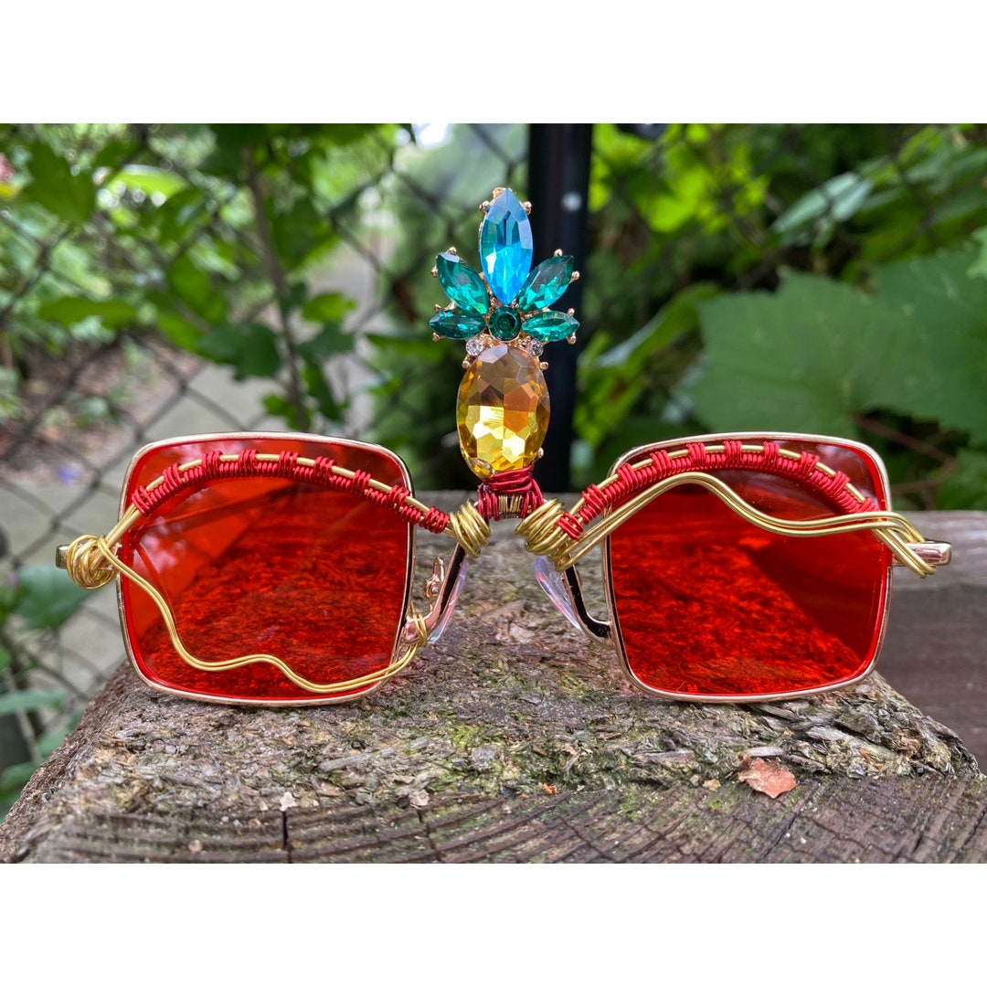 Red Square Lens Sunglasses, Third Eye Embellished Pineapple Festival ...