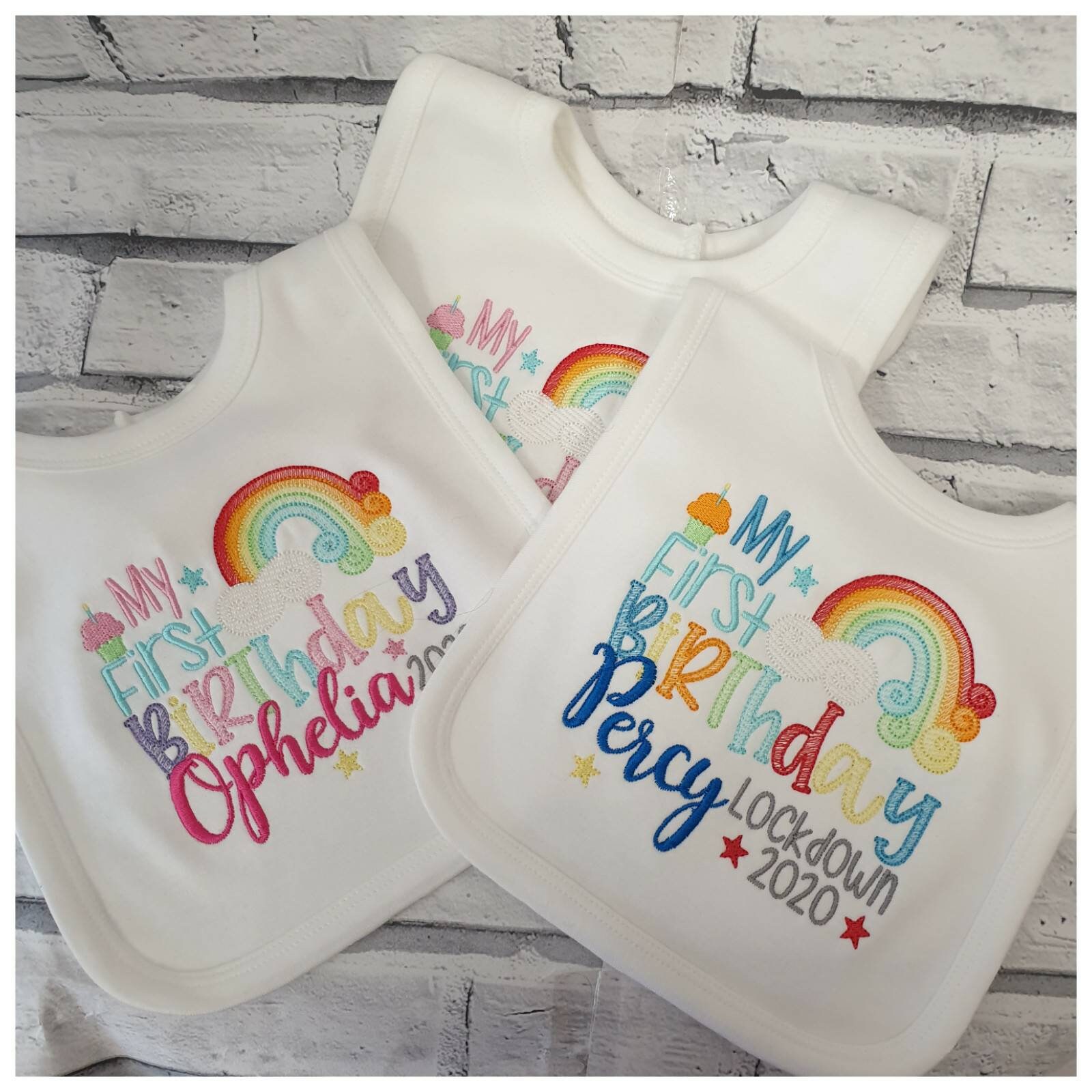 Personalised First Birthday Bib, Embroidered Rainbow 1st Birthday Baby ...