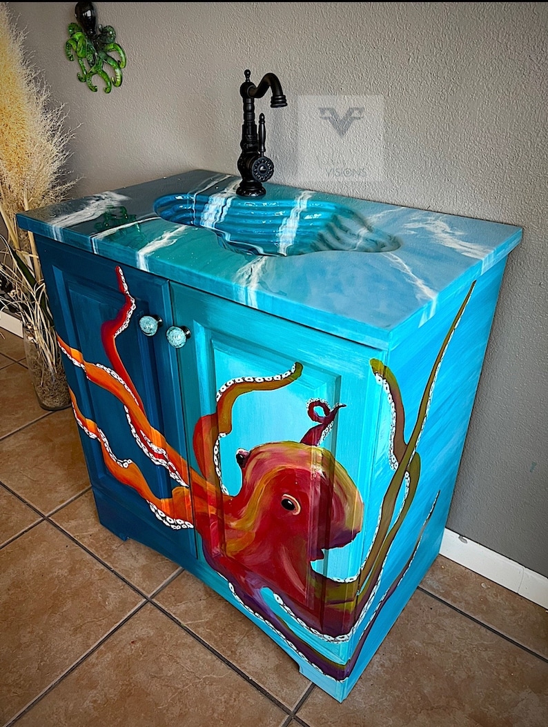 Bathroom Vanity With Erosion Sink and Antique Faucet. Octopus Art ...