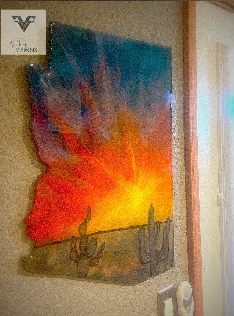 Arizona Sunset Resin Painting With Cacti / Arizona Layered Epoxy Resin ...