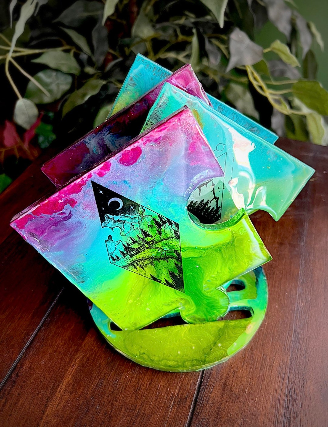 Gorgeous Reversible Puzzle Piece Coaster Set of 4 With Stand / Puzzle ...