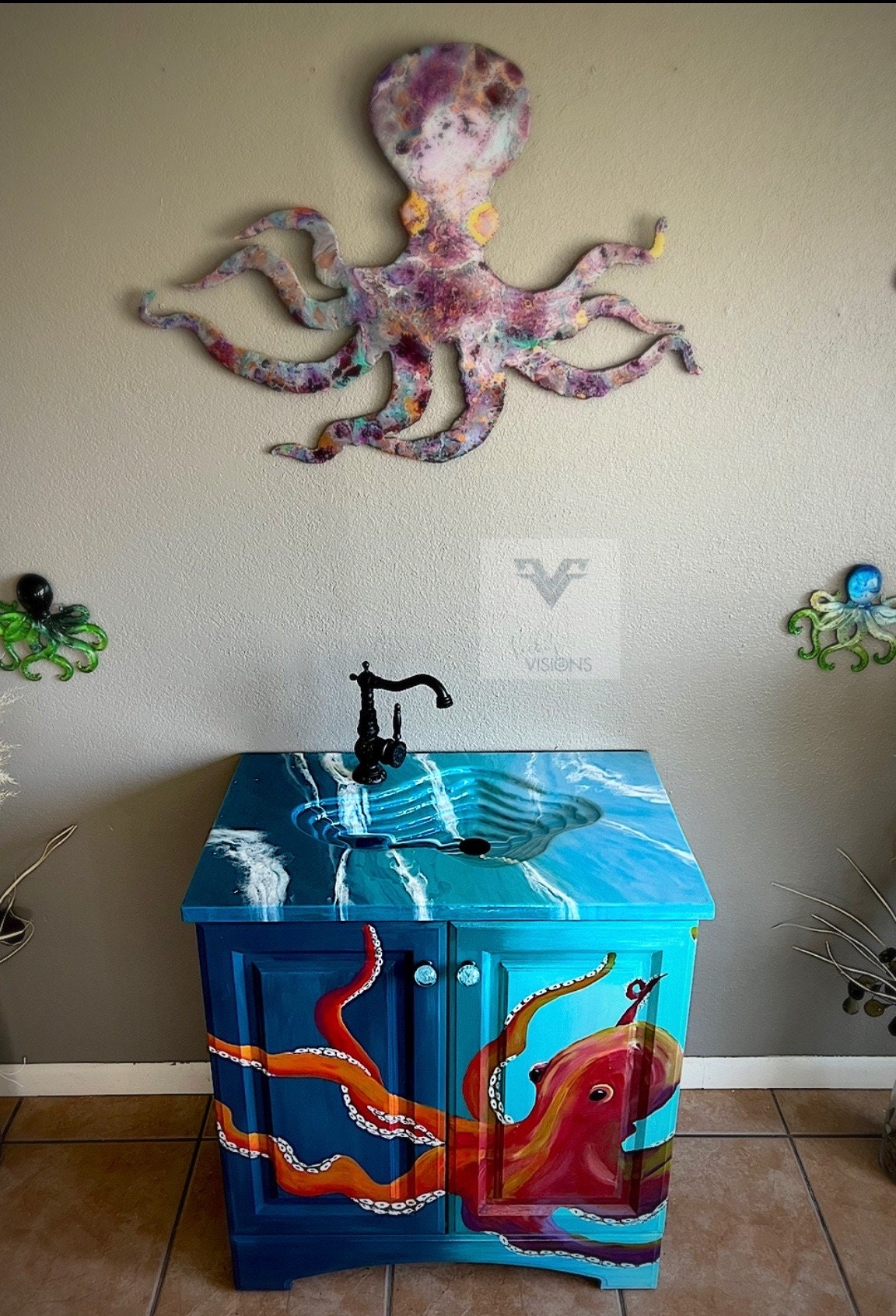 Bathroom Vanity With Erosion Sink and Antique Faucet. Octopus Art ...