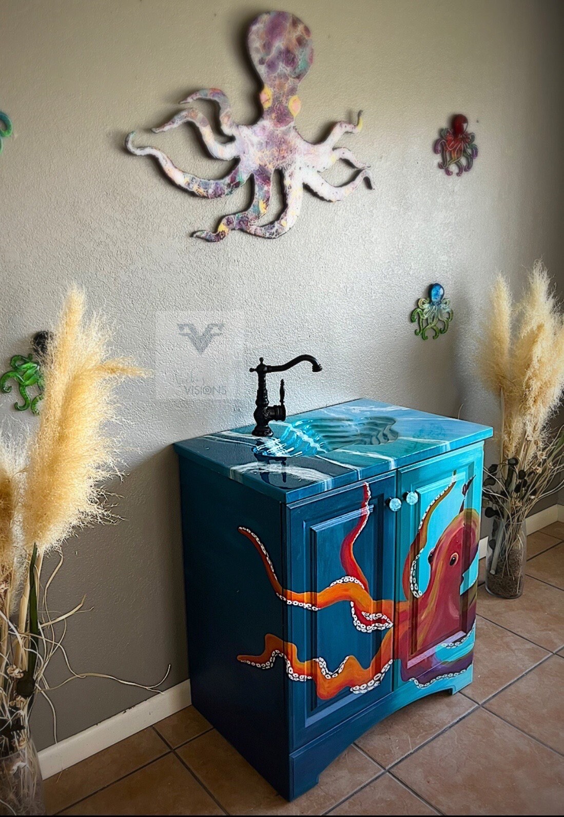 Bathroom Vanity With Erosion Sink and Antique Faucet. Octopus Art ...