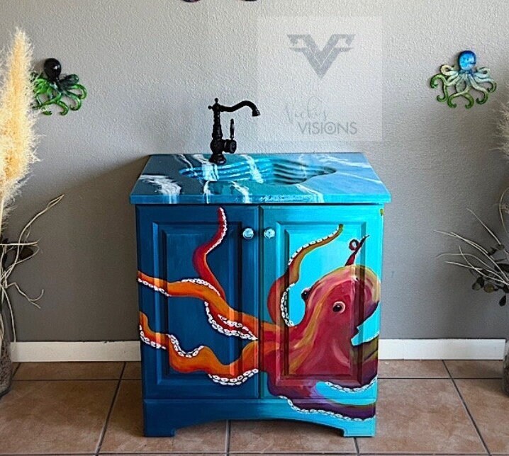 Bathroom Vanity With Erosion Sink and Antique Faucet. Octopus Art ...