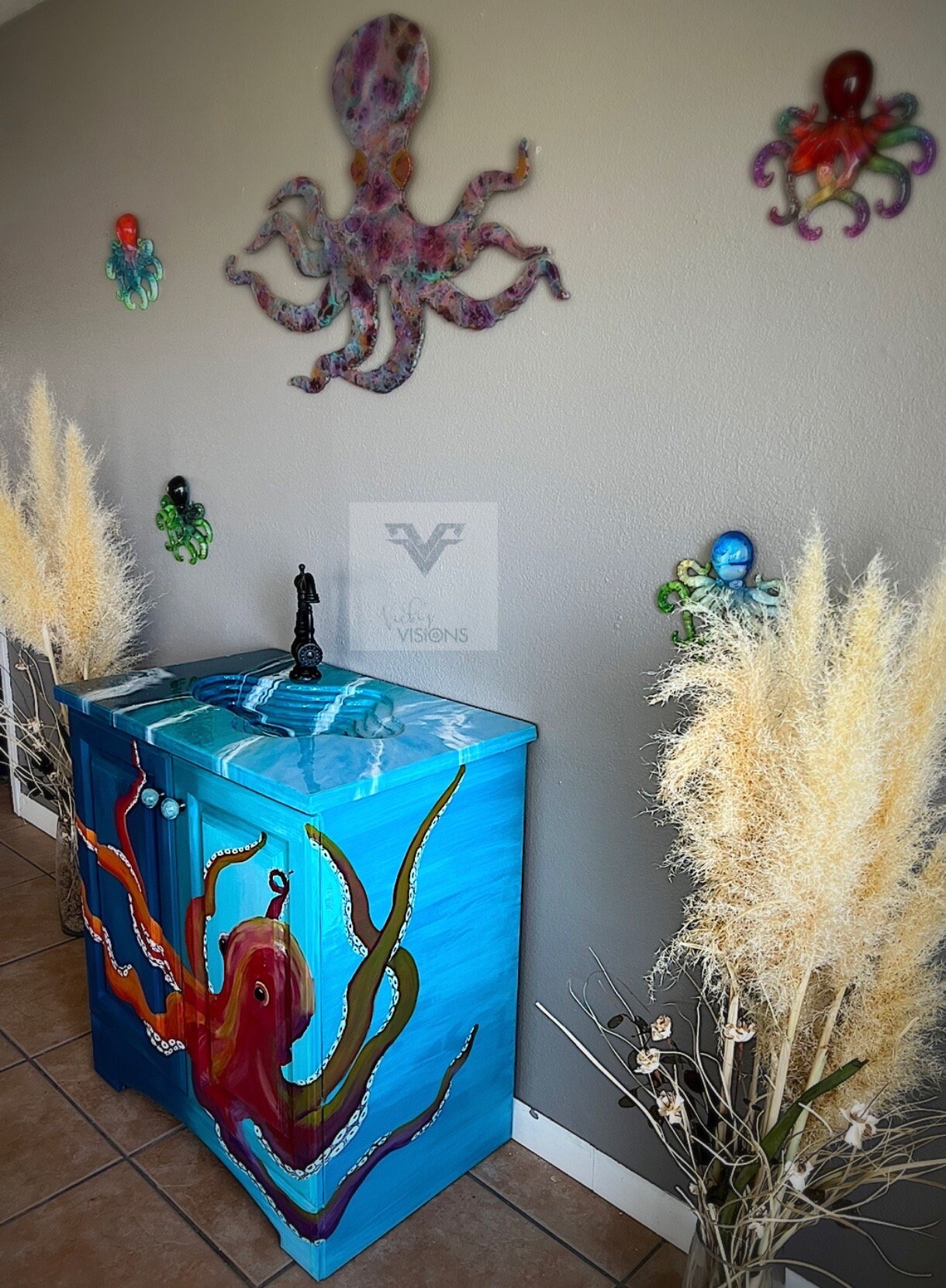 Bathroom Vanity With Erosion Sink and Antique Faucet. Octopus Art ...