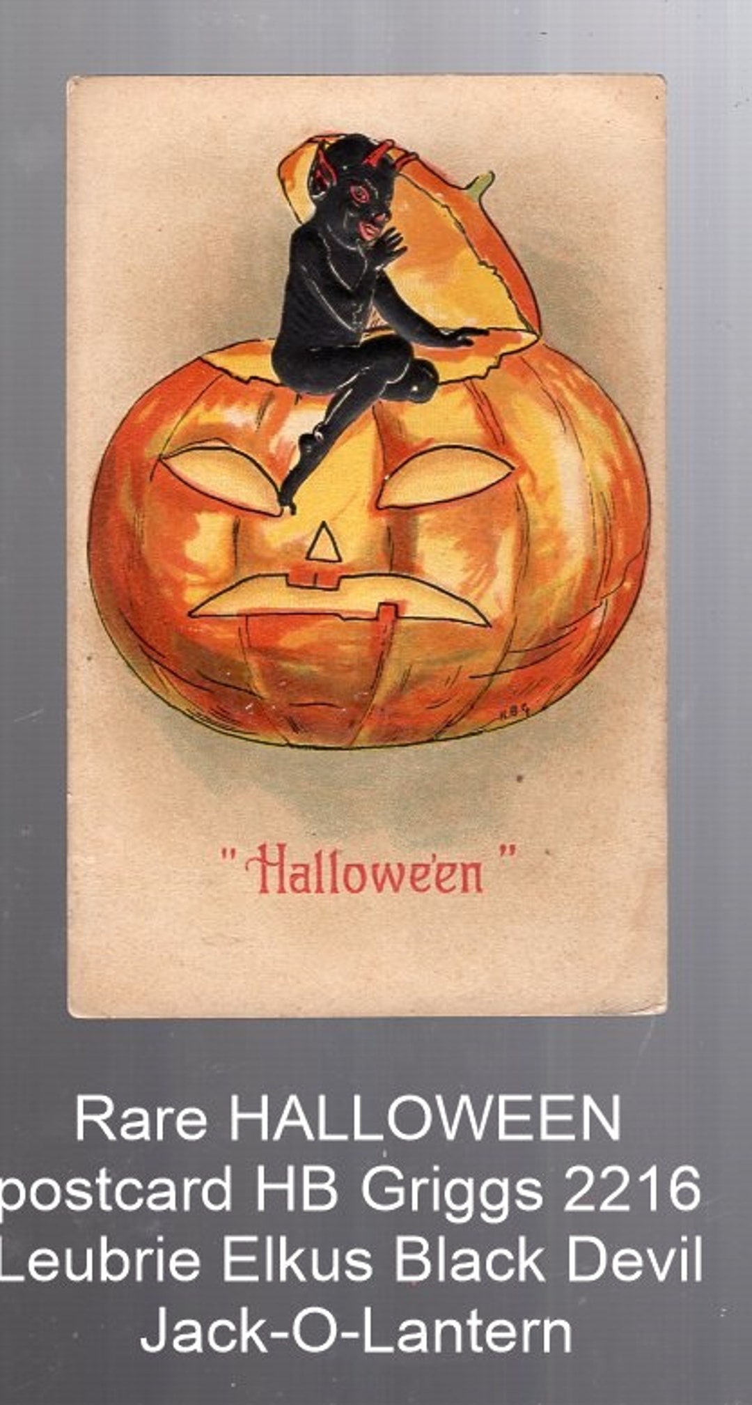 Rare HALLOWEEN Postcard HB Griggs 2216 Leubrie Elkus Black Devil Jack-o ...