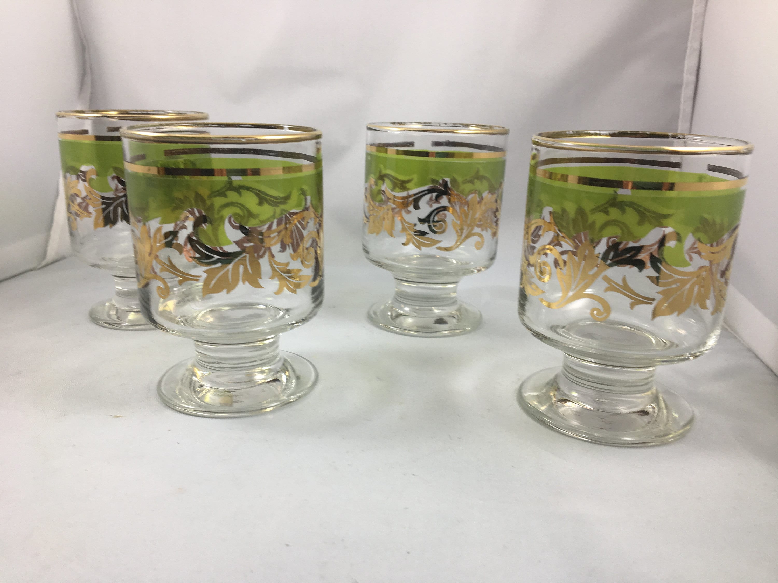 Vintage Mid Century Modern Libbey 22k Gold Filigree and Green Footed ...