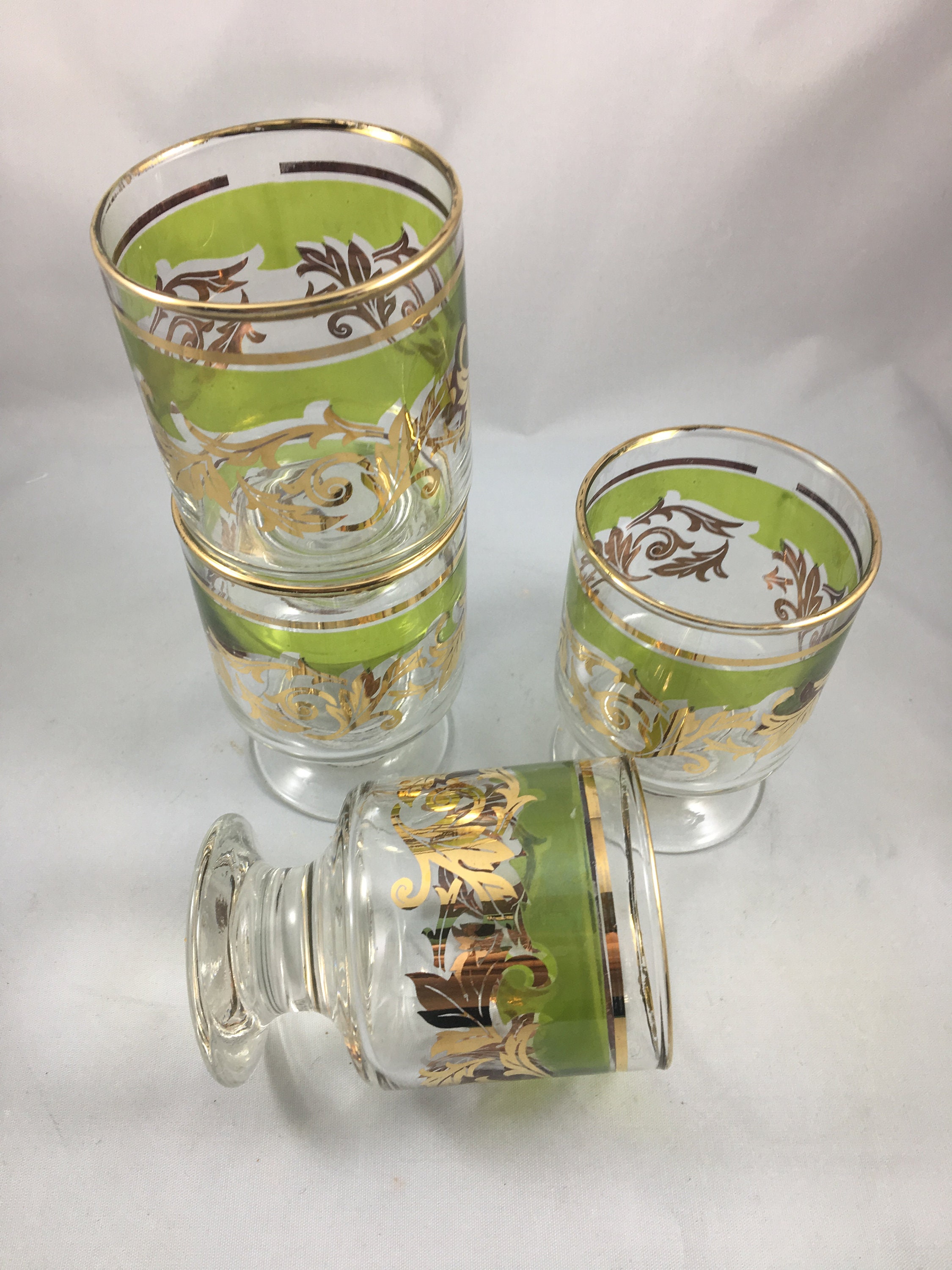 Vintage Mid Century Modern Libbey 22k Gold Filigree and Green Footed ...