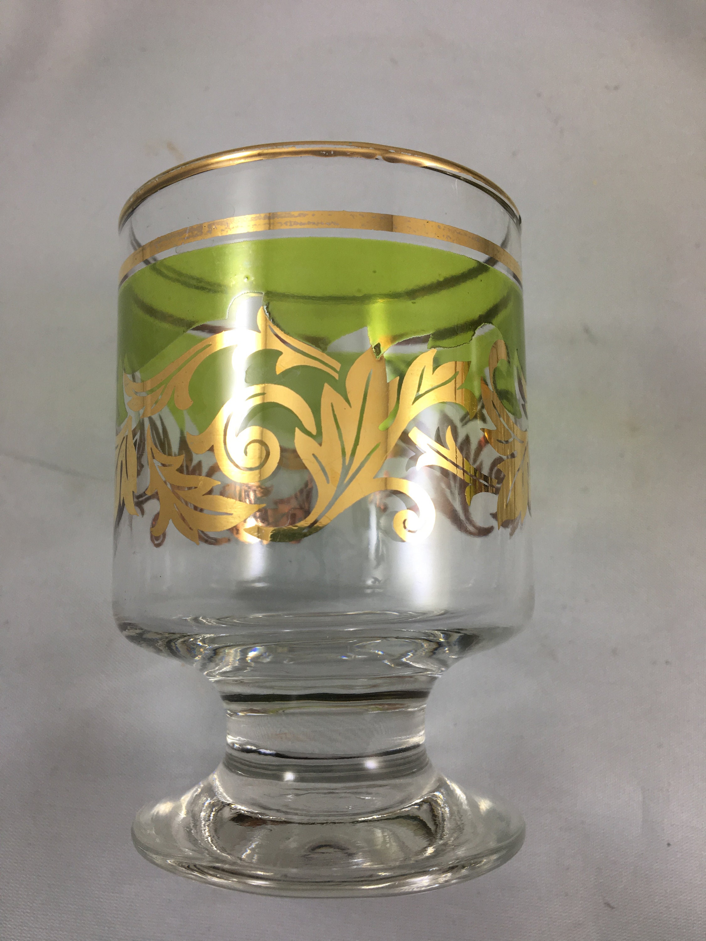 Vintage Mid Century Modern Libbey 22k Gold Filigree and Green Footed ...