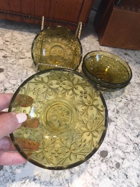 Vintage Amber Bowl Medallion Pattern Anchor Hocking Honey Gold Etsy