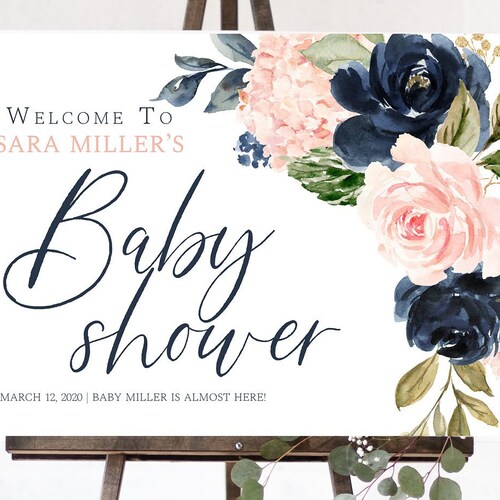Navy Blush Rose Gold Editable Welcome Sign Floral Baby Shower - Etsy