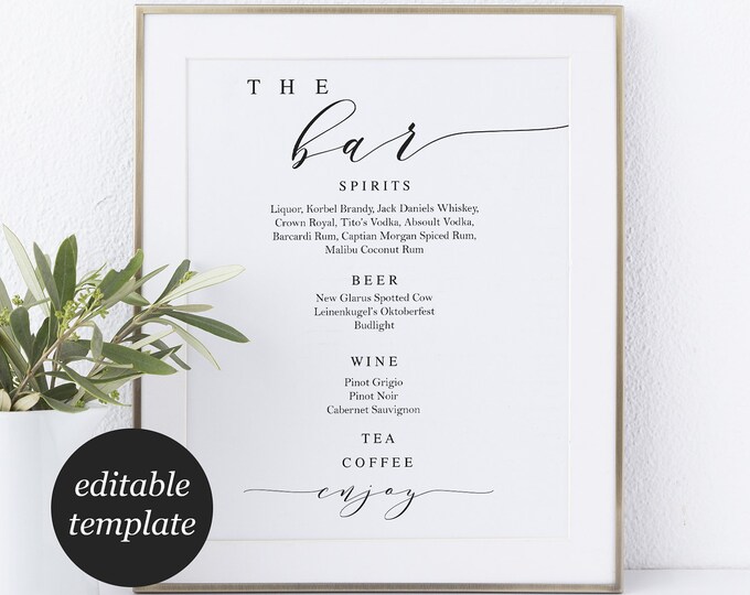 The Bar Menu Sign Bar Menu Sign Printable Wedding Bar Menu Template ...