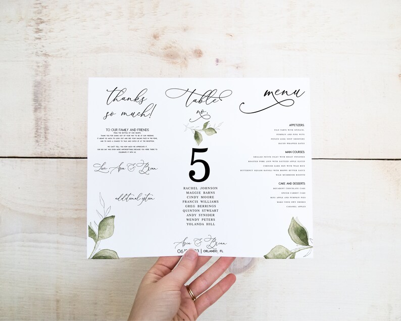Greenery Wedding Tri fold Table Numbers Template Tri fold Menu Etsy