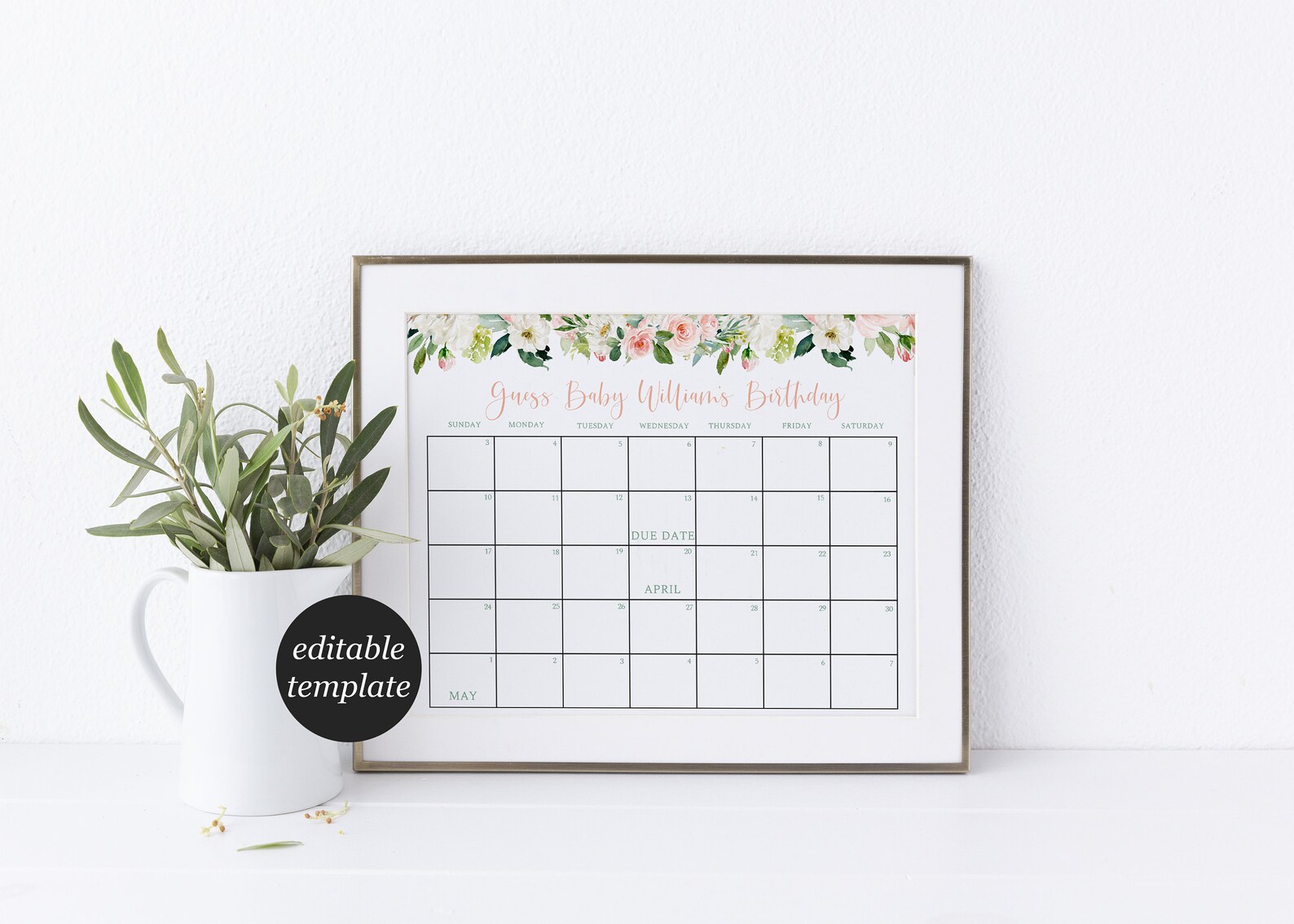 Blush Floral Baby Due Date Calendar Greenery Baby Due Date - Etsy