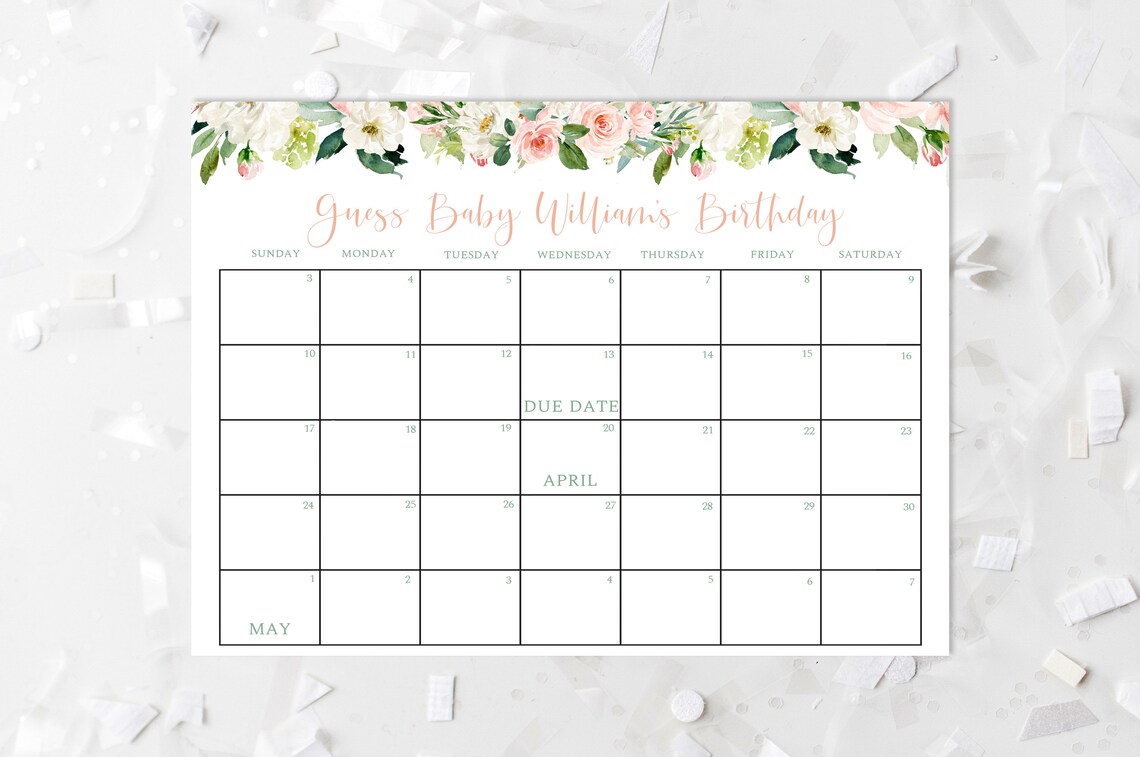 Blush Floral Baby Due Date Calendar Greenery Baby Due Date - Etsy