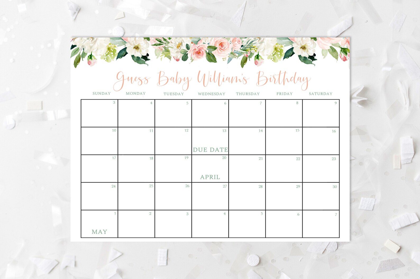 Blush Floral Baby Due Date Calendar Greenery Baby Due Date - Etsy