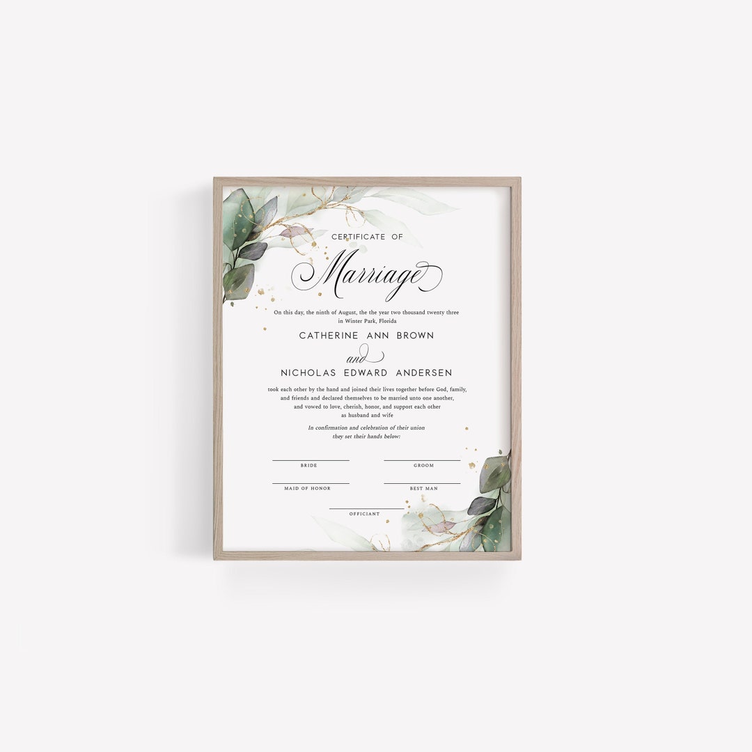 Certificate of Marriage Template, Greenery Marriage Certificate ...