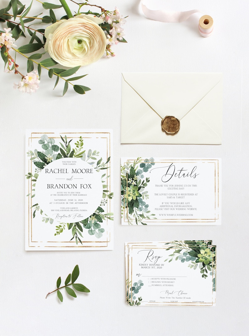 Greenery Wedding Invitation Set Template Greenery Gold - Etsy