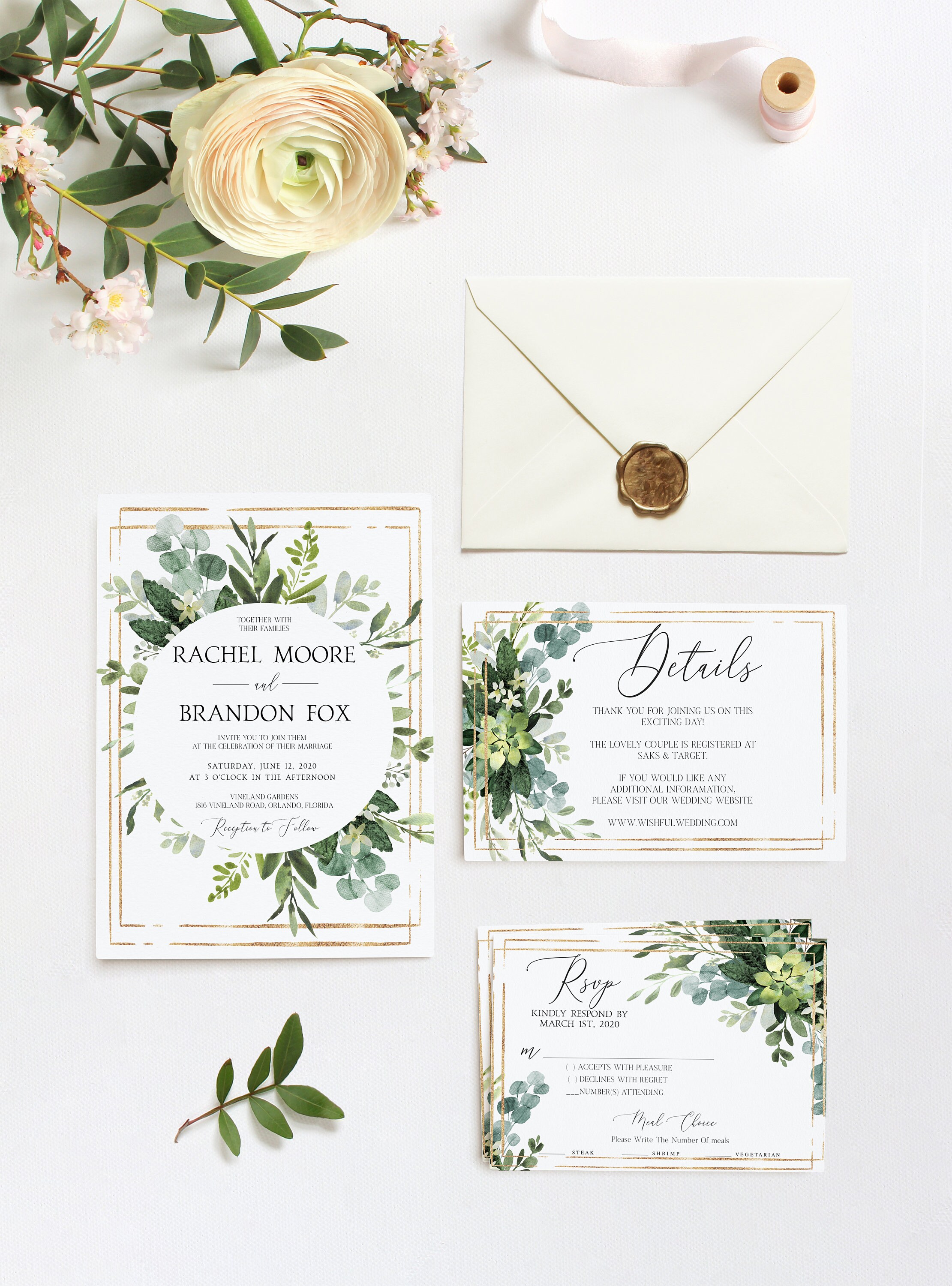 Greenery Wedding Invitation Set Template Greenery Gold - Etsy