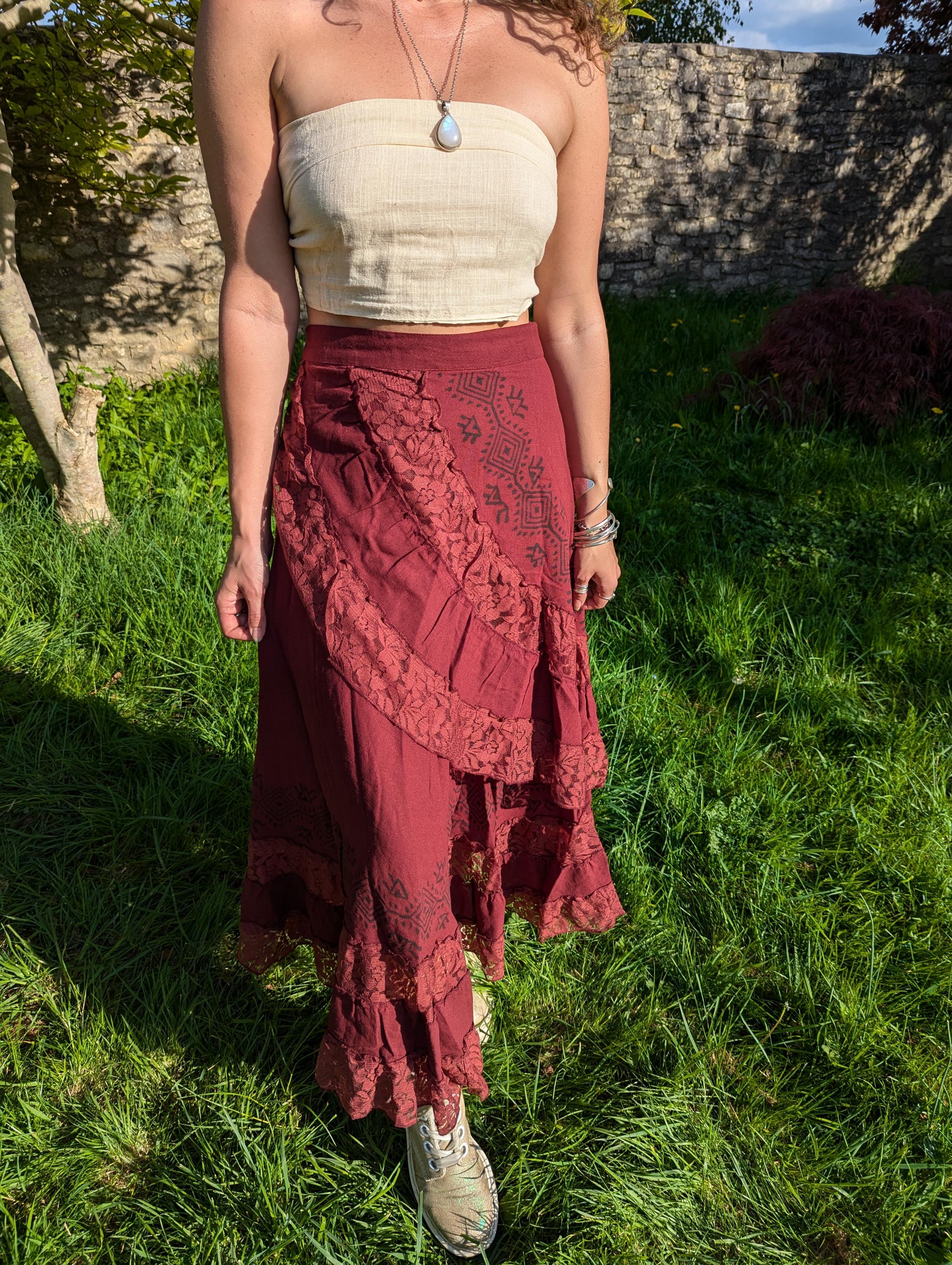 Cotton Block Print Maxi Wrap Ruffle Skirt, Senorita Skirt, Boho Lace ...