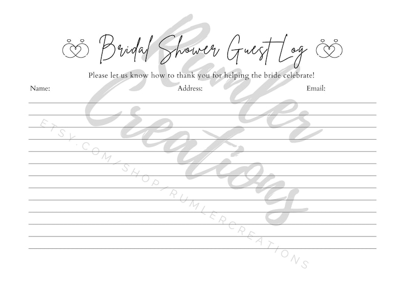 Printable Bridal Shower Guest Log, Wedding, Address Book, Digital ...