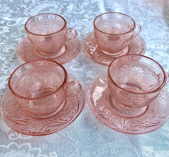 4 Pink Tiara Tea Cups With Saucers Made by Indiana Glass - Etsy
