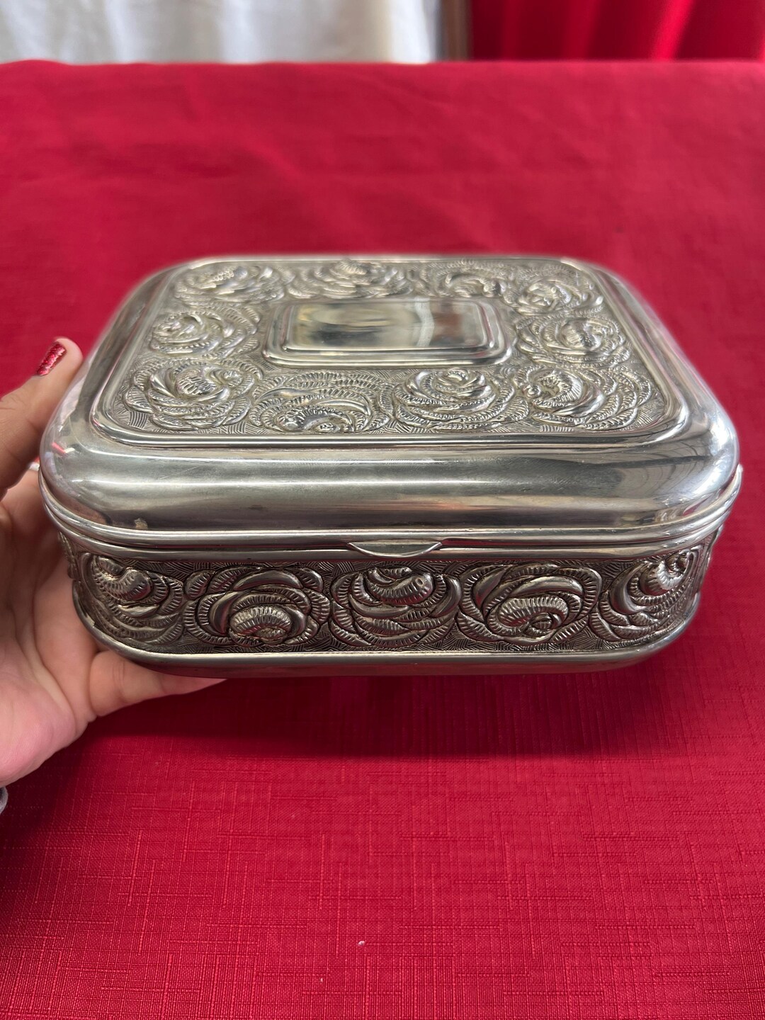 Vintage International Silver Jewelry Box Red Velvet Lined Silverplate ...