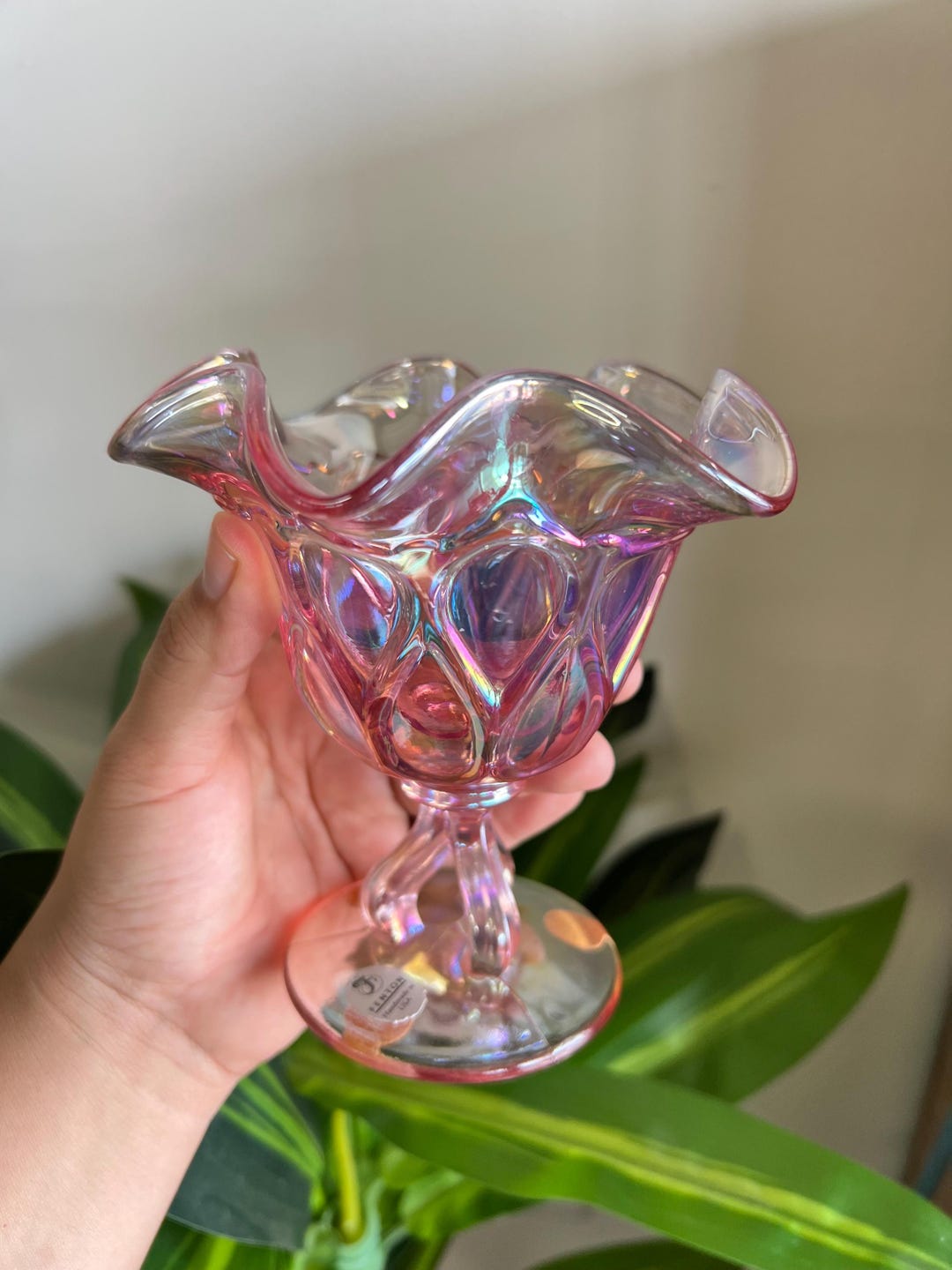 Fenton Iridescent Pink Pedestal Compote - Etsy