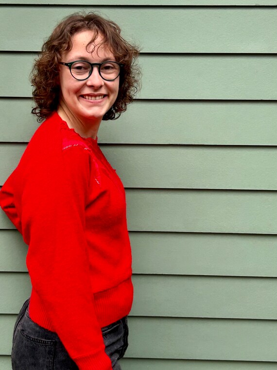 Vintage 80s Embellished Red Sweater 1980s Red Sweater… - Gem