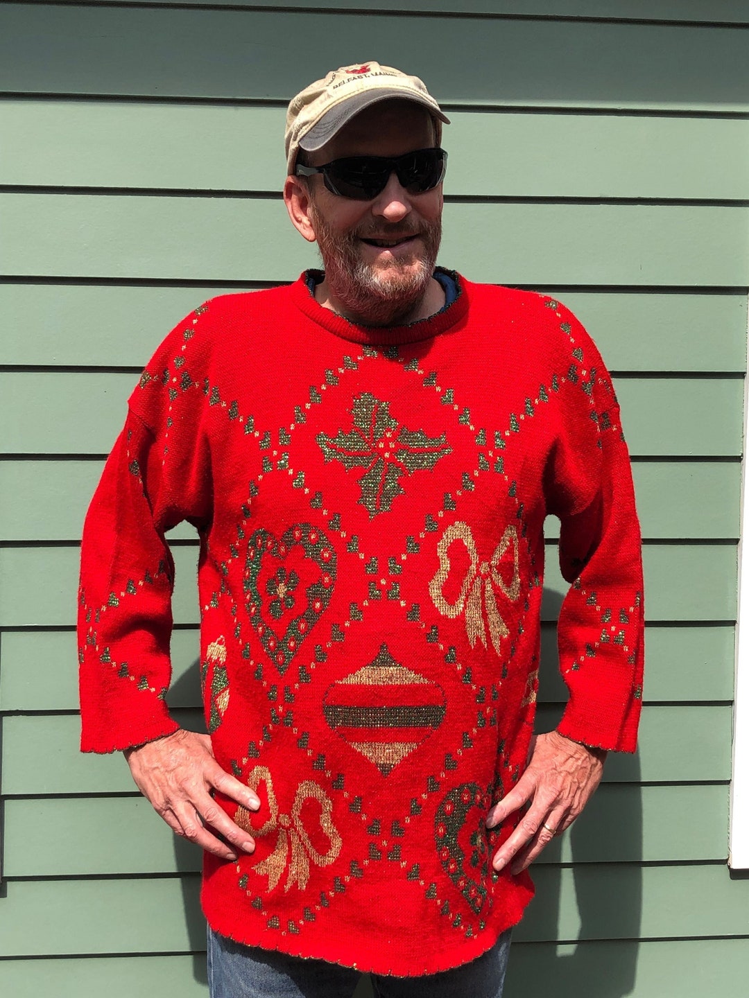 Vintage Holiday Time Christmas Sweater - Red Xmas Sweater With Metallic ...