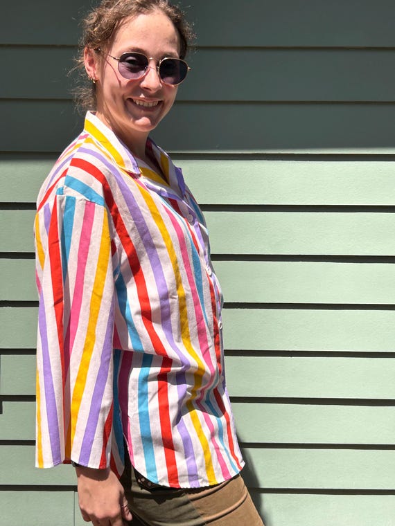 Vintage Rainbow Blouse 1970s Rainbow Stripe Shirt Pri… - Gem