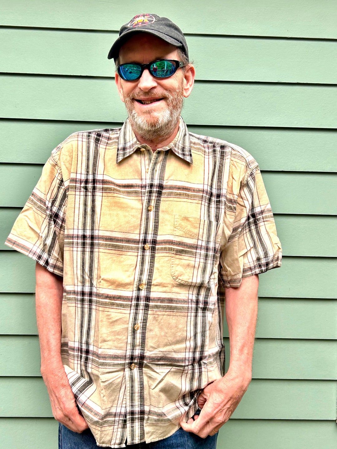 90s Adirondack by Savile Row Plaid Button up - Mens L Tan Plaid Shirt ...