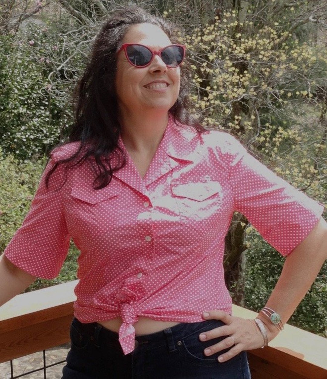 Vintage Pin-up Shirt Rafaella Pink Polka Dot Tie Front Shirt, Tie Front ...