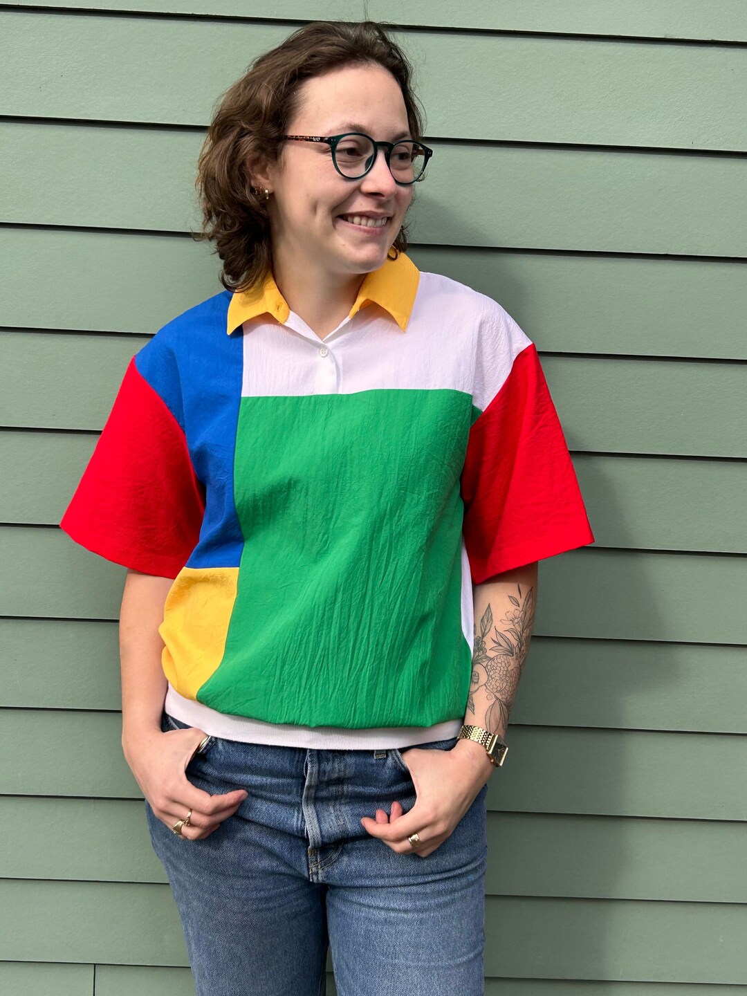 80s Colorblock Blouse - Women’s Size L-XL 1980s Primary Color Blouse ...