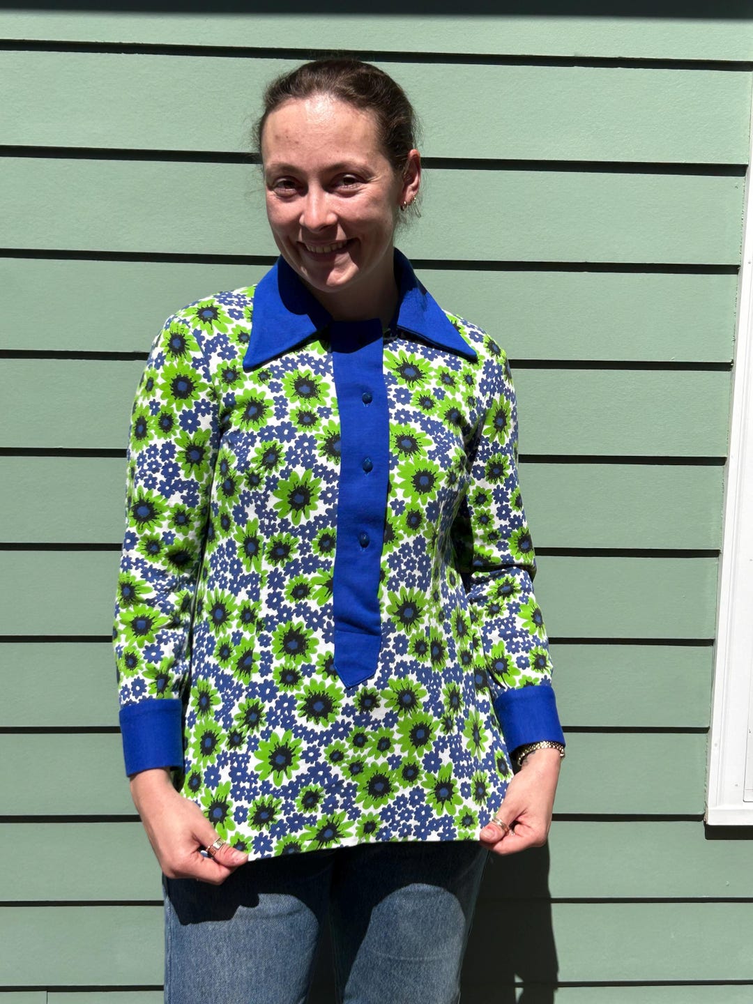 1960s Tunic Blouse Blue and Green Floral Blouse 60s Blouse Vintage ...