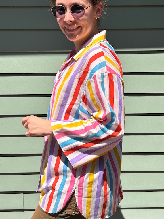 Vintage Rainbow Blouse 1970s Rainbow Stripe Shirt Pri… - Gem