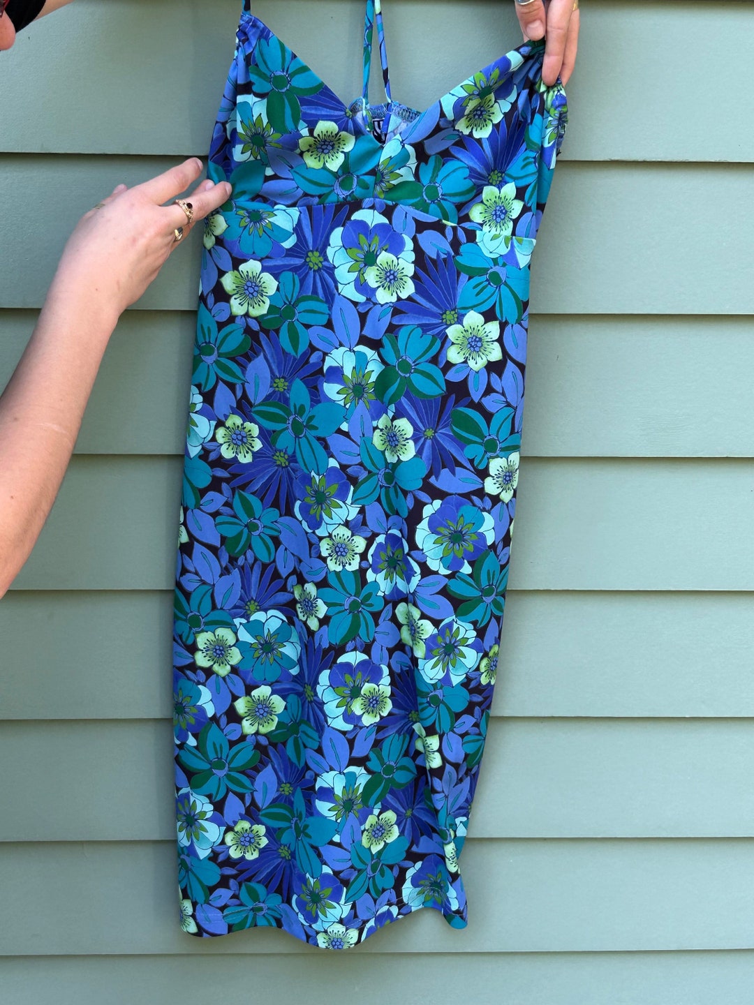 80s Blue Floral Sundress CITY Triangles Sundress Size S 80s Does 70s ...