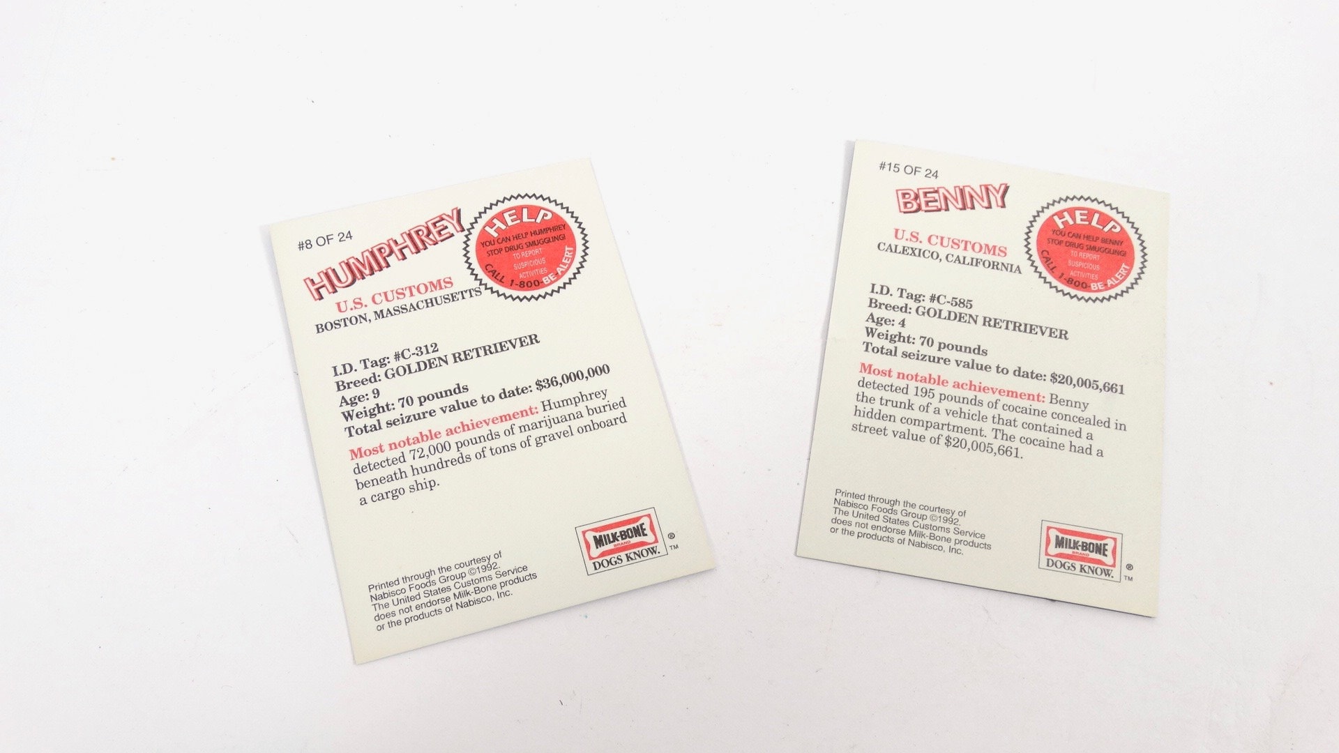 1992 US Customs Drug Dogs Trading Cards Benny and Humphrey #15 #8 All ...