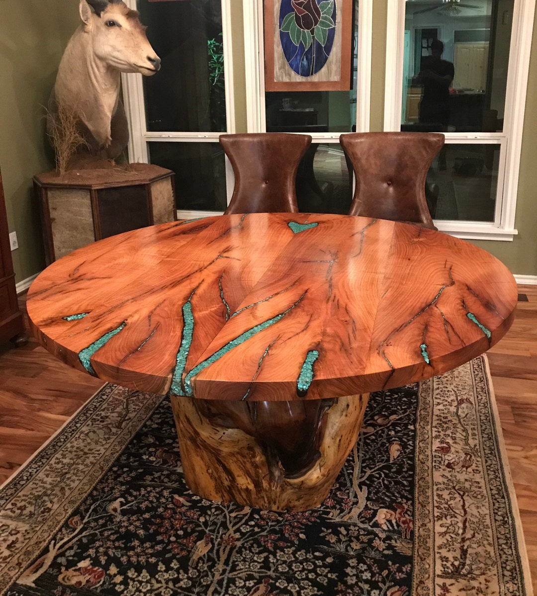 Rustic Mesquite Dining Table: Turquoise Inlay, Natural Stump Base - Etsy